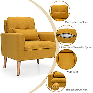 KOMFOTT Tufted Accent Armchair Set of 2, Modern Leisure Chair with Waist Pillow, Comfortable Backrest & Ergonomic Armrest, Breathable Fabric & Soft Sponge, Ideal for Living Room & Office, Yellow