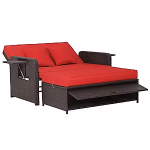 Tangkula Patio Rattan Daybed, Patiojoy Wicker Loveseat Sofa w/Multipurpose Ottoman & Retractable Side Tray, 4-Level Adjustable Backrest, Footstool w/Storage, Seat & Back Cushion Included