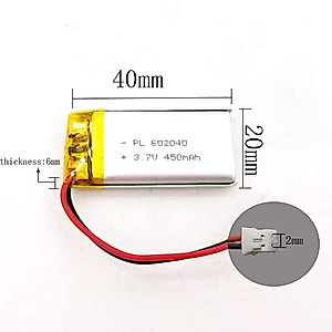 MSDS Verified Part Number: 602040, Rechargeable 3.7V 450mAh Li Lipo Lithium Polymer Ion Battery Pack with 2 Pin 2.0mm JST Connector