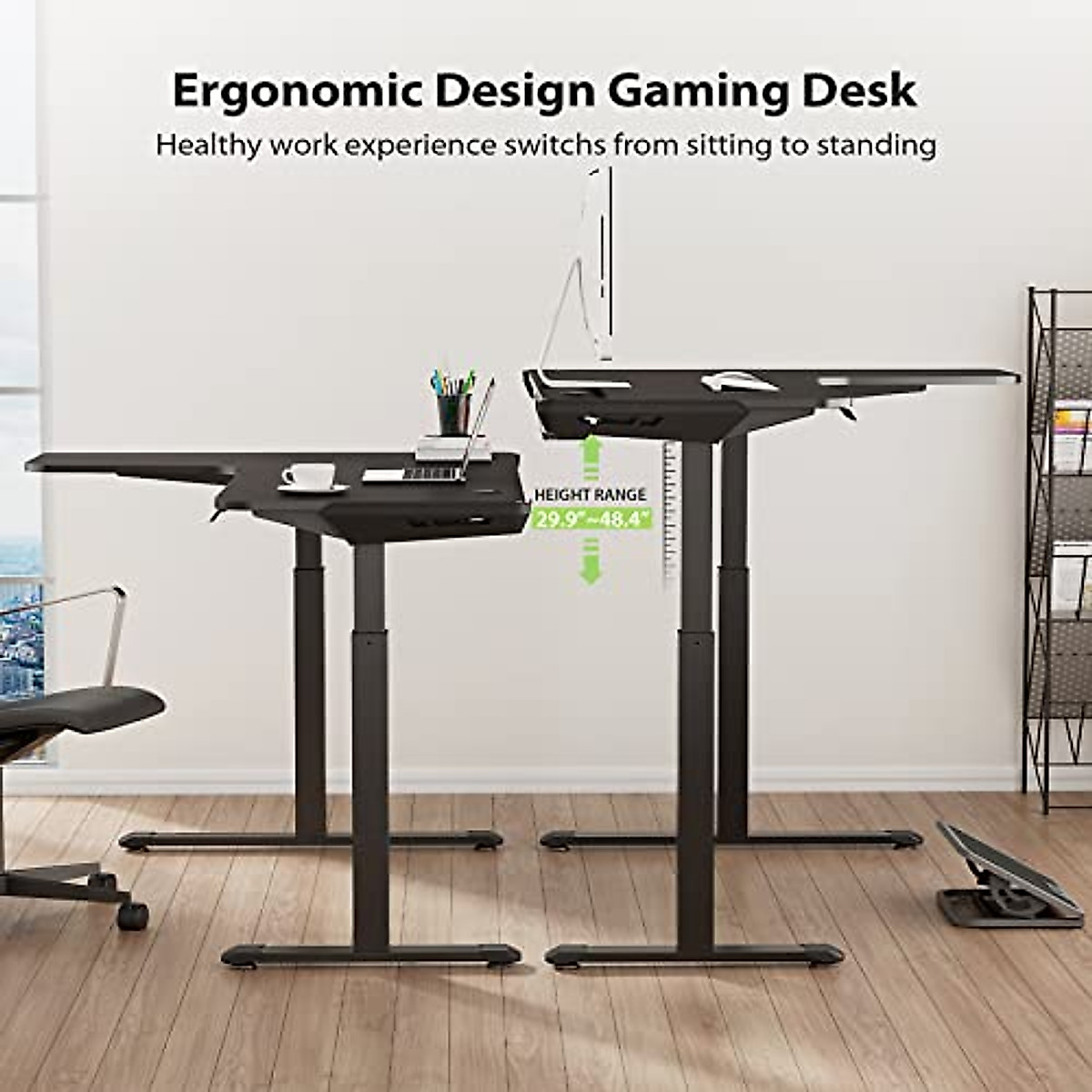 It's_Organized L Shaped Standing Desk, 61 inch Electric Height Adjustable Sit Stand Up Corner Computer Gaming Table Home Office Workstation with Dual Motor Memory Preset Mousepad Black Frame, Right