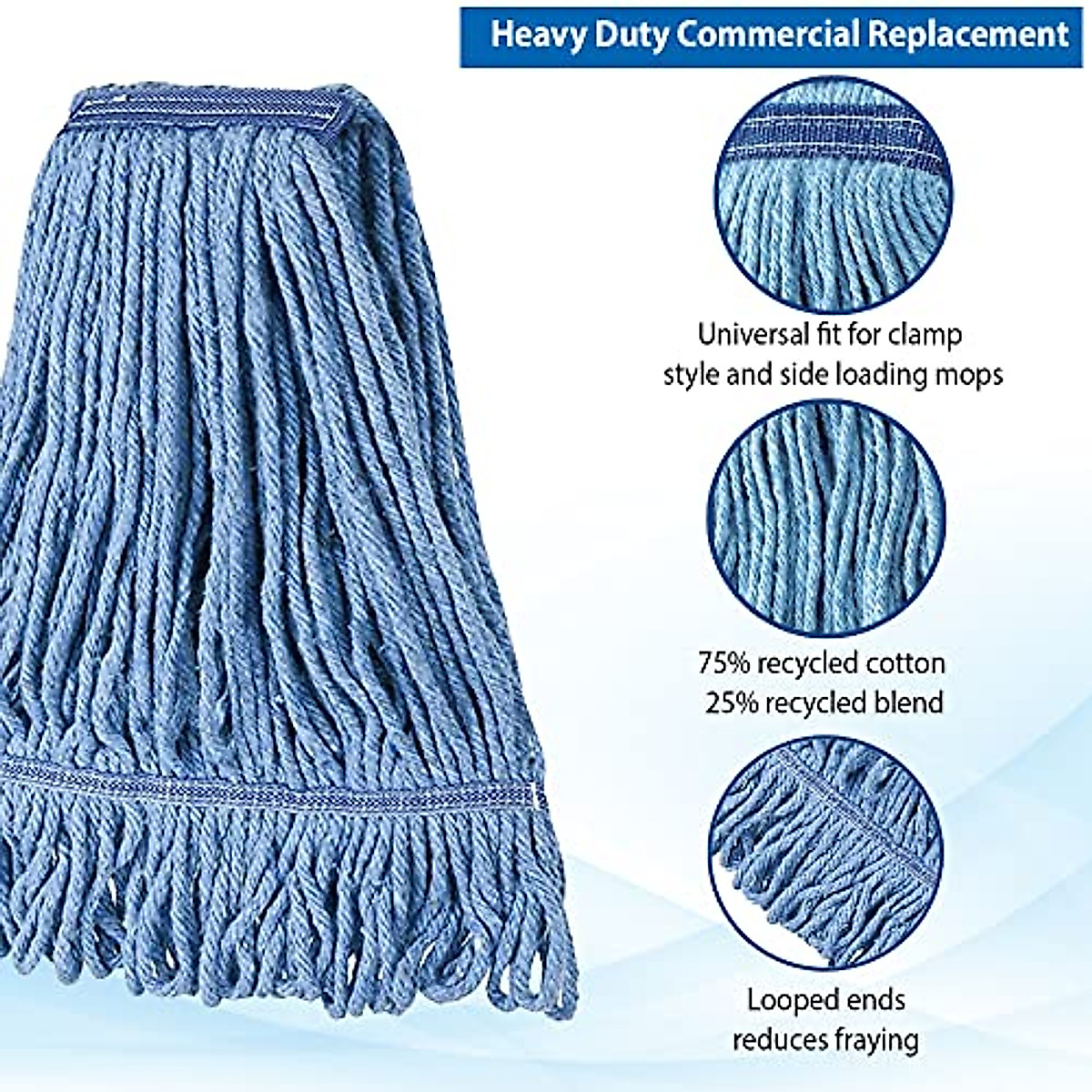 (3 Pack) Mop Head Replacement, Mop Heads Commercial Blue Cotton Looped End String, Wet Industrial Cleaning Mophead Replacements Refill, Reusable Washable Mops for Floor Cleaning Heavy Duty Mopheads
