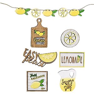 Lemon Decor Lemon Tiered Tray Decor Set: 7pcs Summer Farmhouse Farm Tiered Tray Decor Lemonade Wooden Tiered Tray Decor Lemon Garland Tray Wooden Signs for Kitchen Lemon Kitchen Decor