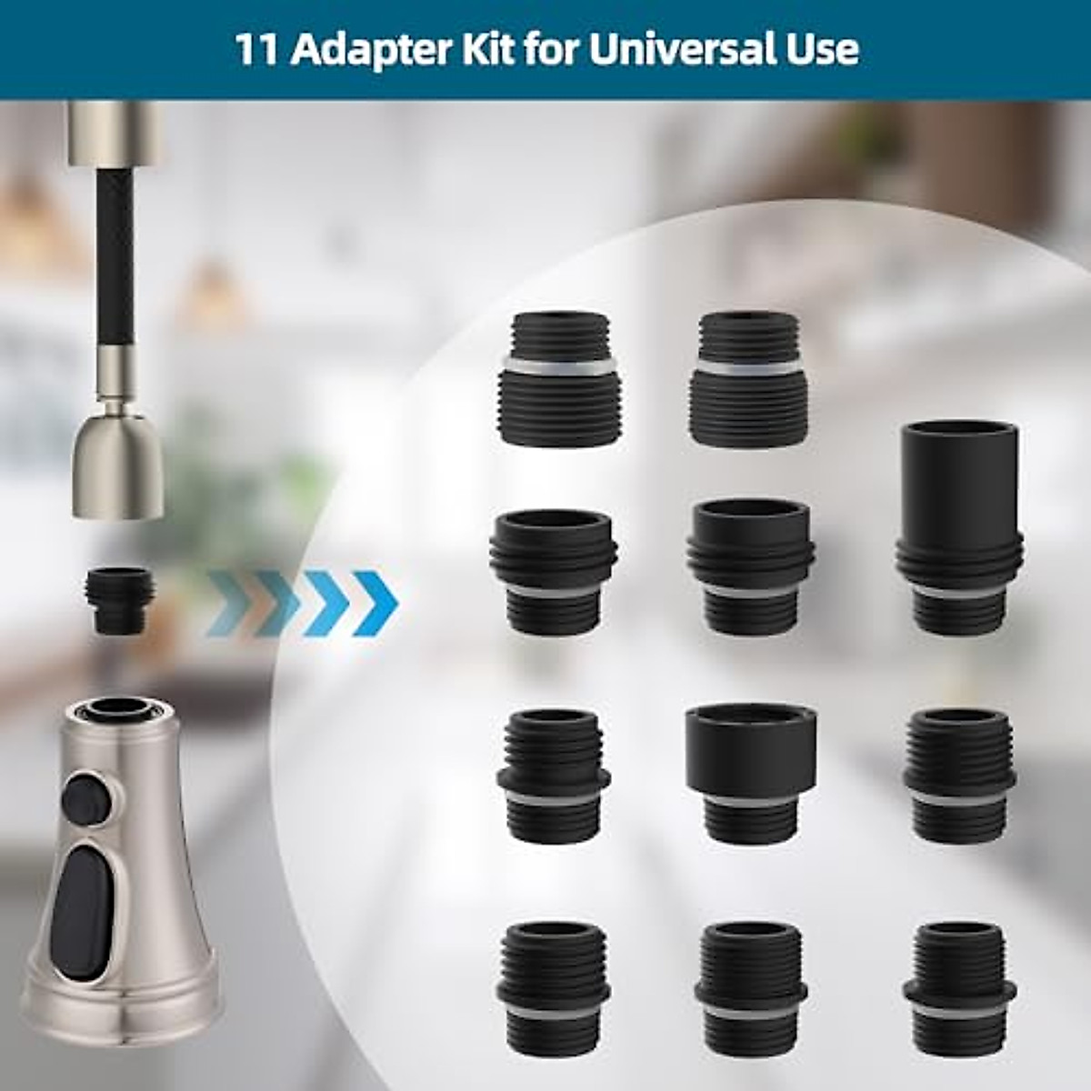 Hygie Rinse Pull Down Faucet Head Replacement with 11 Adapters Compatible with Moen Delta Kohler Curve Faucet Head, 3 Function Kitchen Sink Faucet Sprayer Head Fit Most Faucet, Brushed Nickel