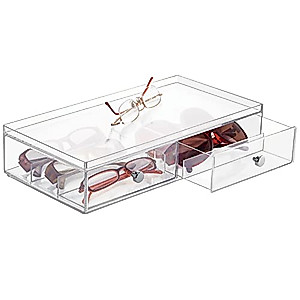 mDesign Wide Stackable Plastic Eye Glass Organizer Box Holder for Sunglasses, Reading Glasses, Lens Cleaning Cloths, Accessories - 2 Divided Drawers with 6 Sections, Chrome Pulls, Clear