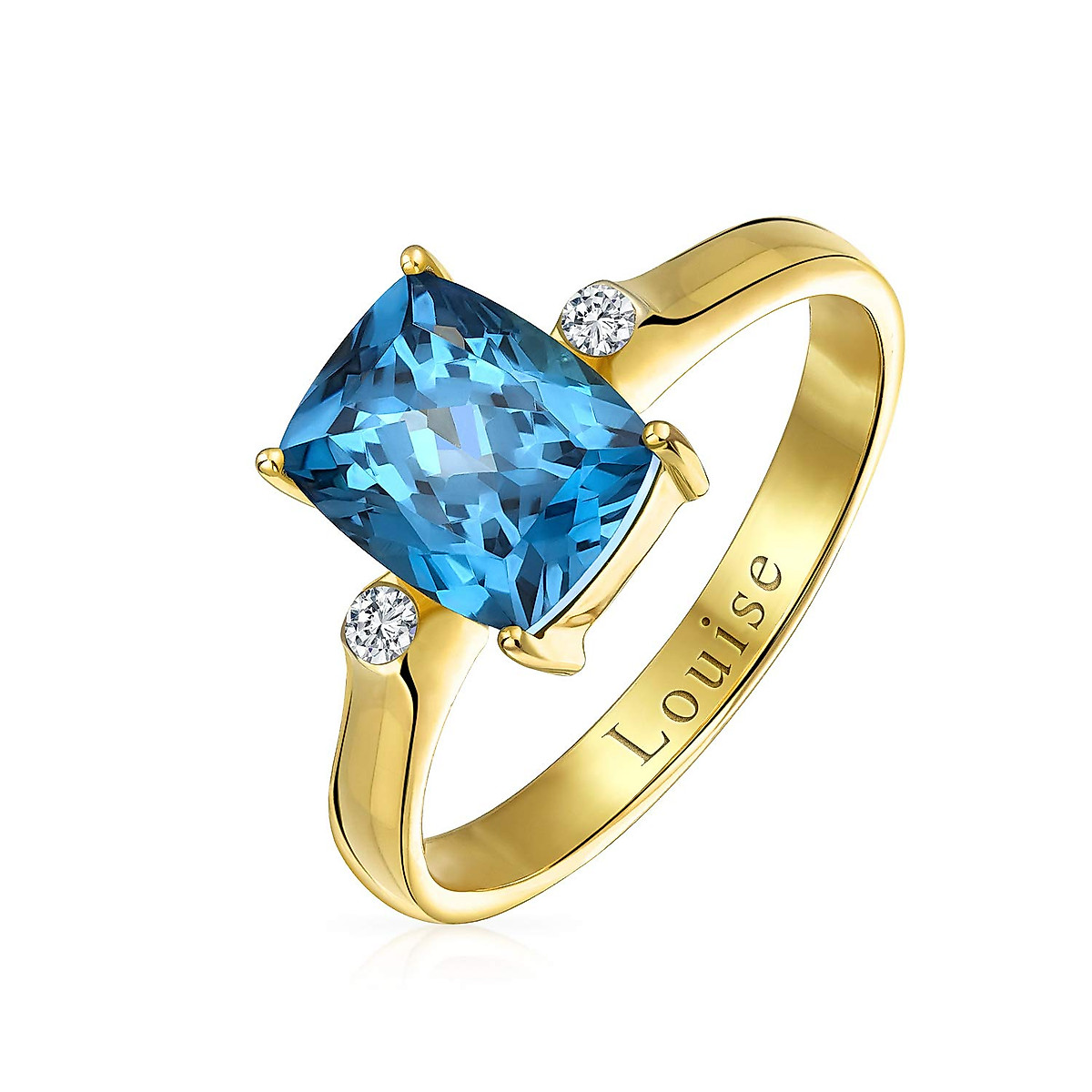 Personalized 3.17CT Genuine Gemstone Birthstones Zircon Accent London Blue Topaz Emerald Cut Engagement Ring Yellow 14K Gold Plated .925 Sterling Silver Customizable