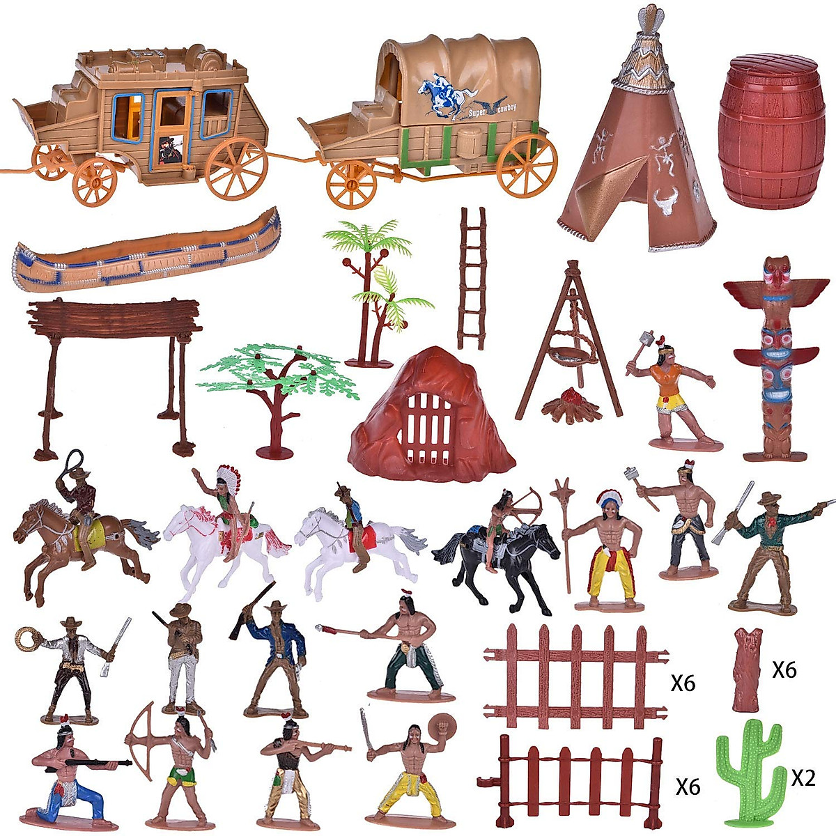 FUN LITTLE TOYS 61 PCs Wild West Cowboys and Indians Plastic Figures Toys, Toy Soldiers for Kids, Wild West Figure Playset with Horse, Tent, Army Men Boy's War Game, Educational Toys, Birthday Gift