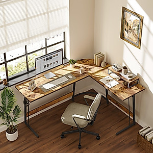Cubiker L Shaped Desk, Computer Corner Desk, Gaming Desk with Monitor Stand, Home Office Study Writing Workstation, Space-Saving（47 Inch Rustic Brown）
