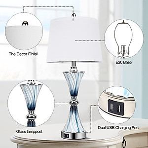 Set of 2 Blue Glass Table Lamps for Bedrooms with 2 USB ports 3-Way Dimmable Touch Coastal Bedside Lamps for Contemporary Style Modern Nightstand Lamps with 2 LED Bulbs for Home Lighting Decoration