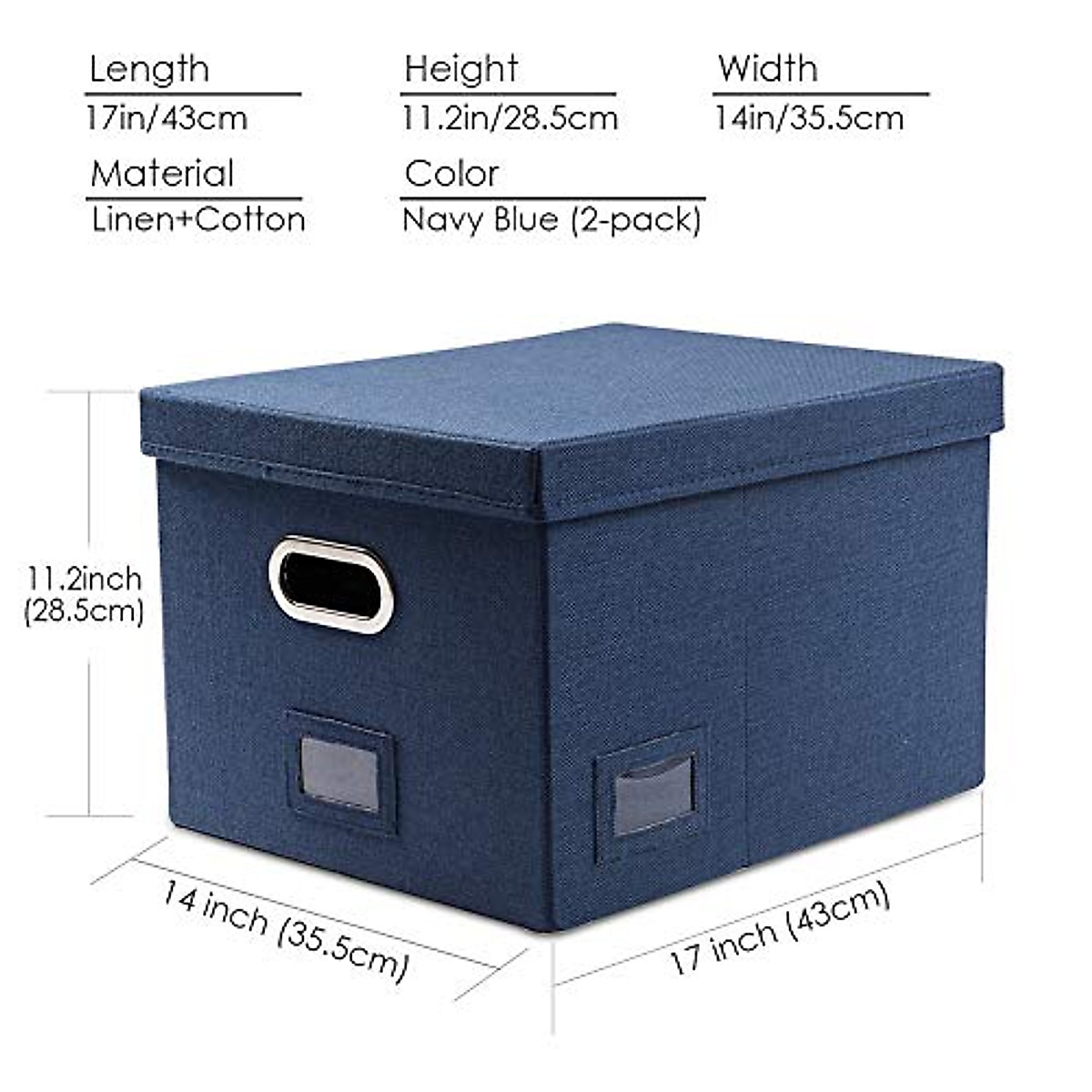 PRANDOM File Organizer Box - Set of 2 Collapsible Decorative Linen Filing Storage Hanging File Folders with Lids Office Cabinet Letter/Legal Size Navy Blue (17x14x11.2 inch)