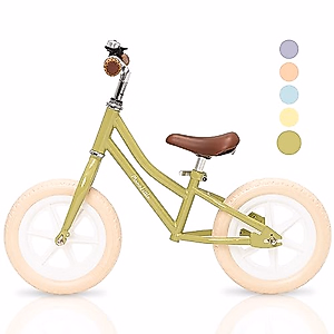 MomnLittle Retro Balance Bike(Green Olive) with Vegan Leather Seat and Handlebar Airless Tires for Ages 3~8 Years Boys Girls