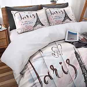 Nesphy Pink Paris Comforter Set for Boy Girl Children Teens Twin, Modern French Style Romantic Theme Bedding Sets Water Washed Microfiber Bedding with 1 Comforter 1 Pillowcase All Season