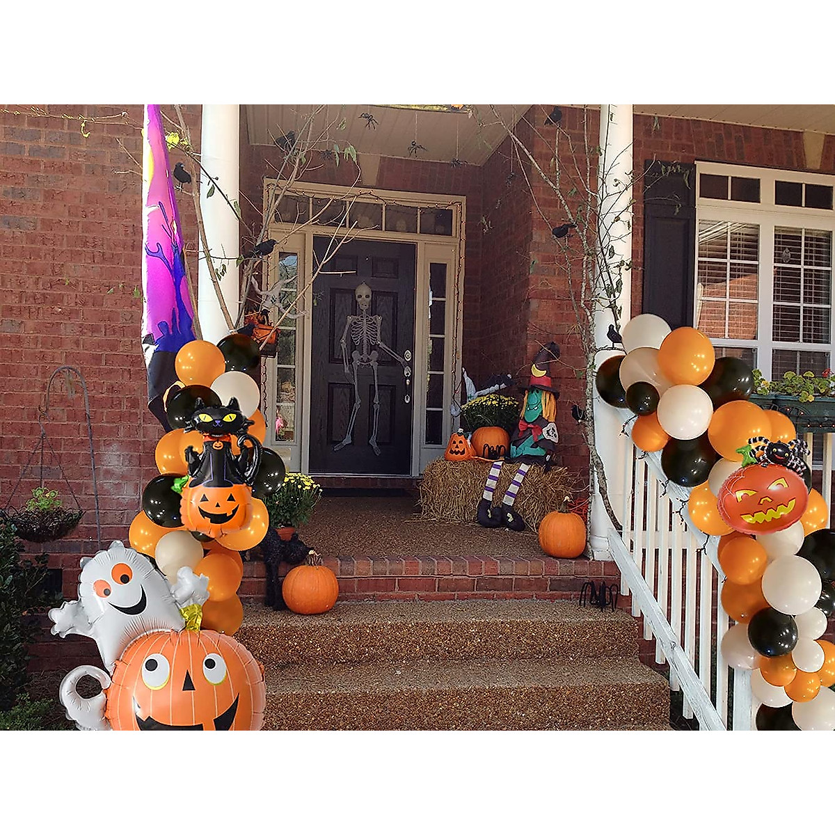 122 Pcs Halloween Balloon Garland Kit, Black Orange White Latex Balloon Garland Arch with Ghost Pumpkin Spider and Black Cat Foil 3D Balloons