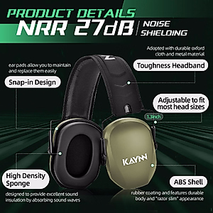 KAYNN 018 Ear Protection 2 Pack Hearing Protection for Shooting Gun Range,27dB NRR Noise Cancelling Safety Ear Muffs for Shooting Mowing(2Pack-Black&Green)