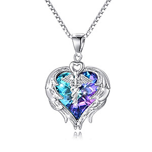 AOBOCO 925 Sterling Silver Nurse Necklace with Caduceus Angel Wing Heart Charm, Nurse Jewelry Gift for Doctor Nurse Medical Student, Made with Austrian(Blue-purple)