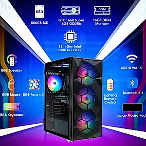 TJJ X3 Gaming Computer PC Desktop - Intel Core i3-12100F (Beat i7-8700), NVIDIA GTX 1660 Super 6GB, 16GB DDR4 3200, 500GB SSD, VR Ready, WiFi 6E, RGB Keyboard & Mouse & Speakers, Win 11 Pro