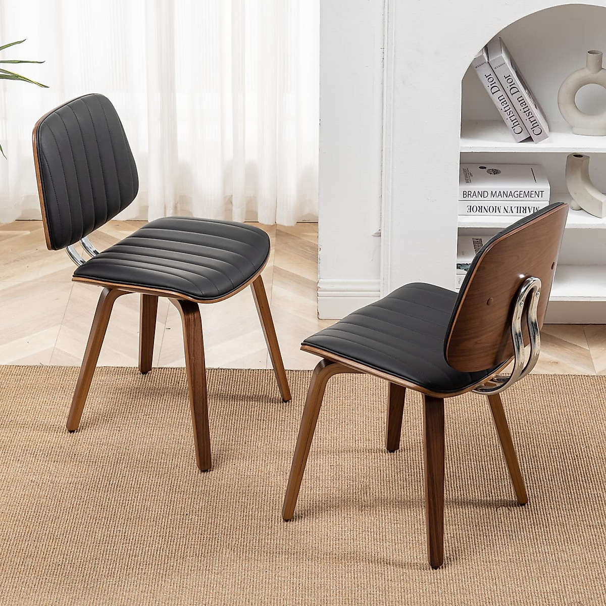 LUNLING Mid Century Modern Dining Chairs,Retro Black Faux Leather Chairs,Walnut Bentwood Upholstered Seat Wood Legs Side Chairs Adjustable Foots for Kitchen Dining Room Chairs, Set of 4