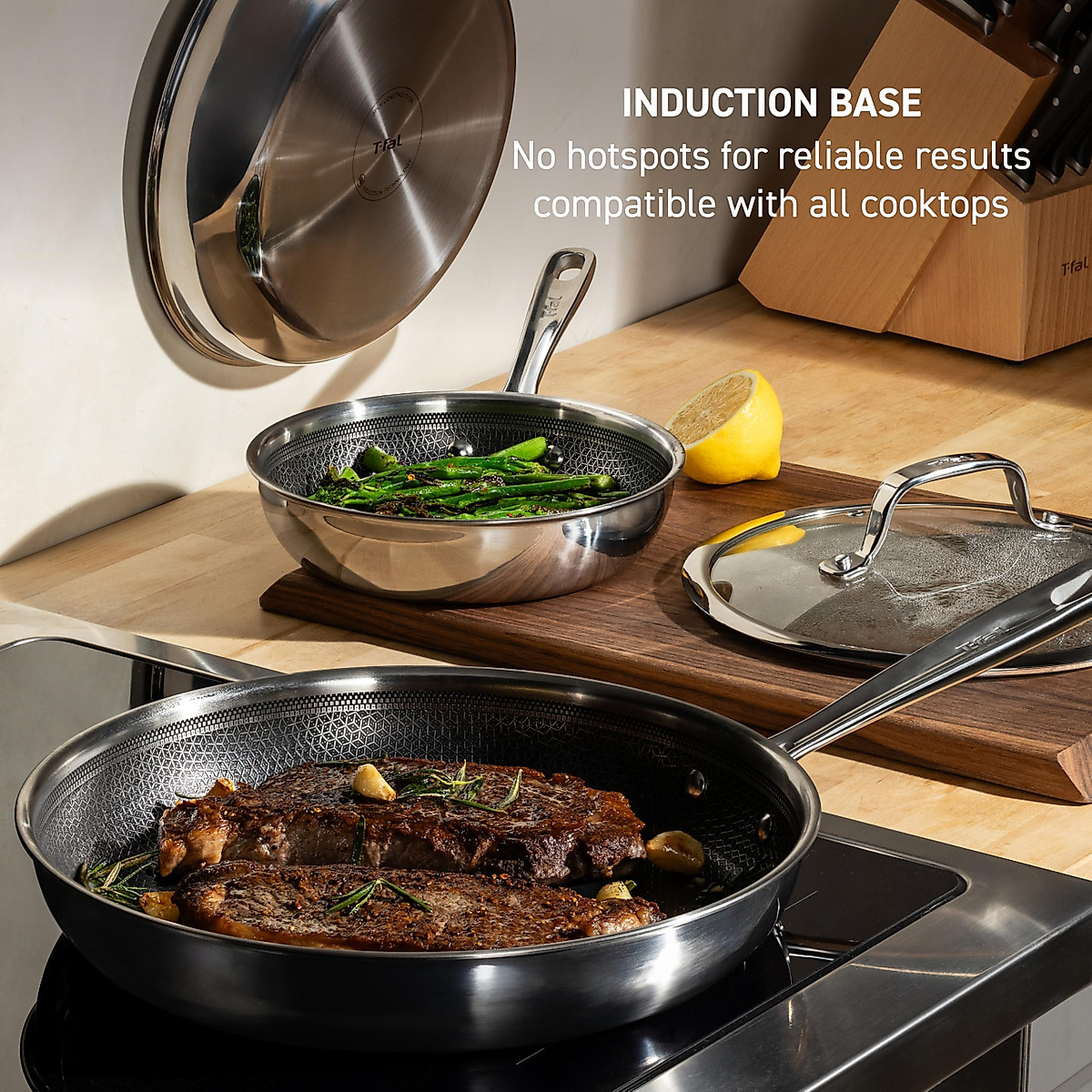 T-fal HybridMesh Tri-Ply Stainless Steel 3 Piece Cookware Set, 8, 10.25, and 12 Inch, Induction Oven Safe 500F, Metal Utensil Safe, Platinum Non Stick, Pots and Pans Set, Dishwasher Safe, Silver/Black