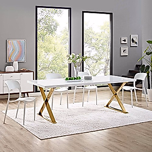 Modway Sector 87" Modern Dining Table with Gold Stainless Steel Metal X-Base in White Gold