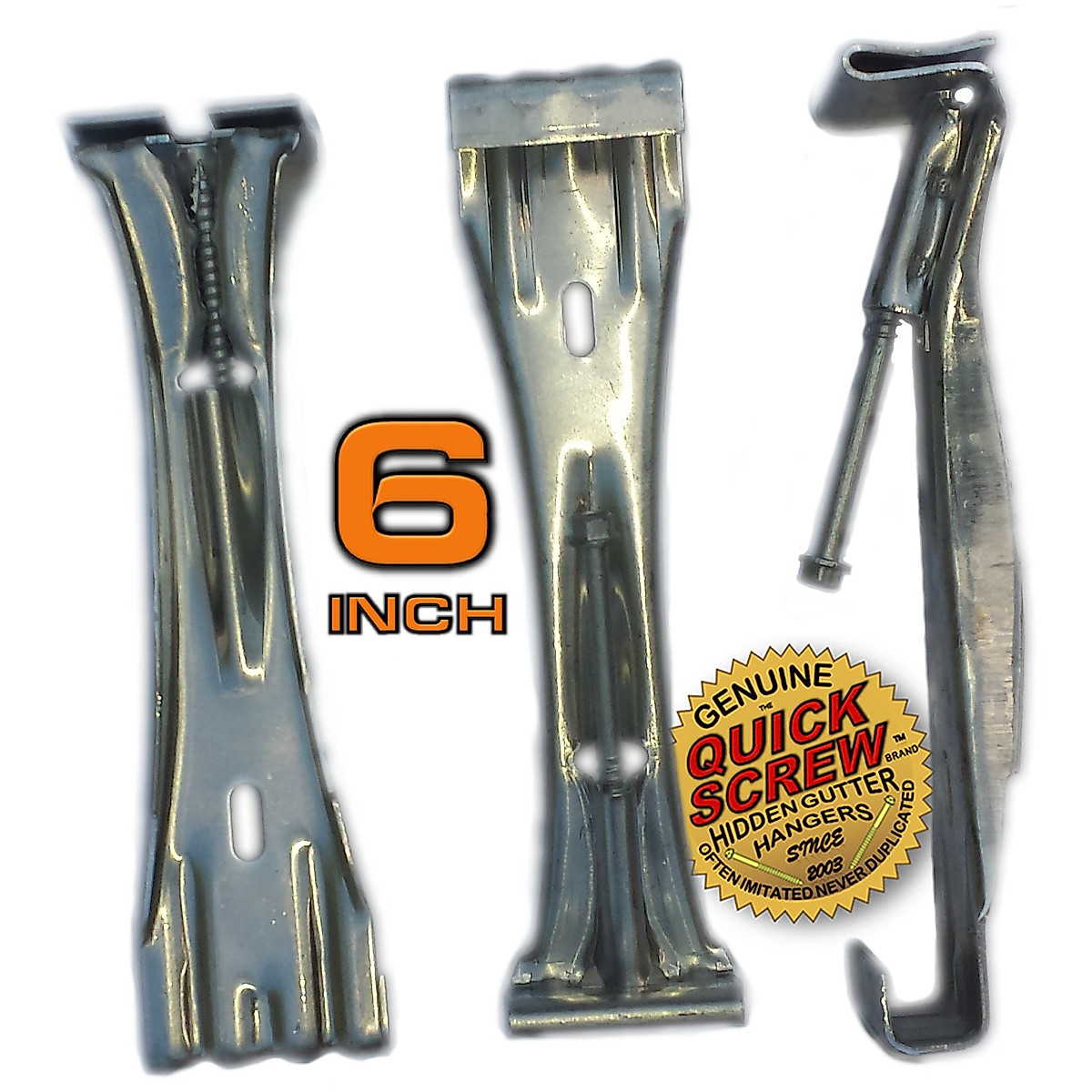 Quick Screw 6" inch Aluminum Hidden Rain Gutter Bracket Hook Clip Style Hangers with pre Inserted 3" Long ¼" hex Head self Drilling Screw (10 Per Package)