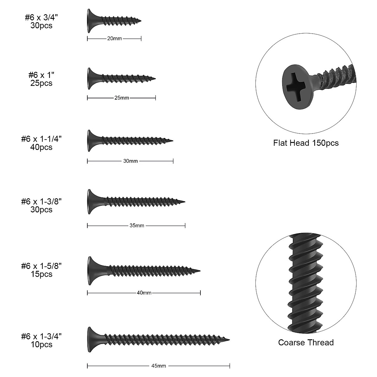 FARRAY #6 Drywall Screws, 150pcs Phillips Wood Screws Assortment Kit, Carbon Steel Black Self Tapping Screws, Screw Set for Drywall Sheetrock, Furniture