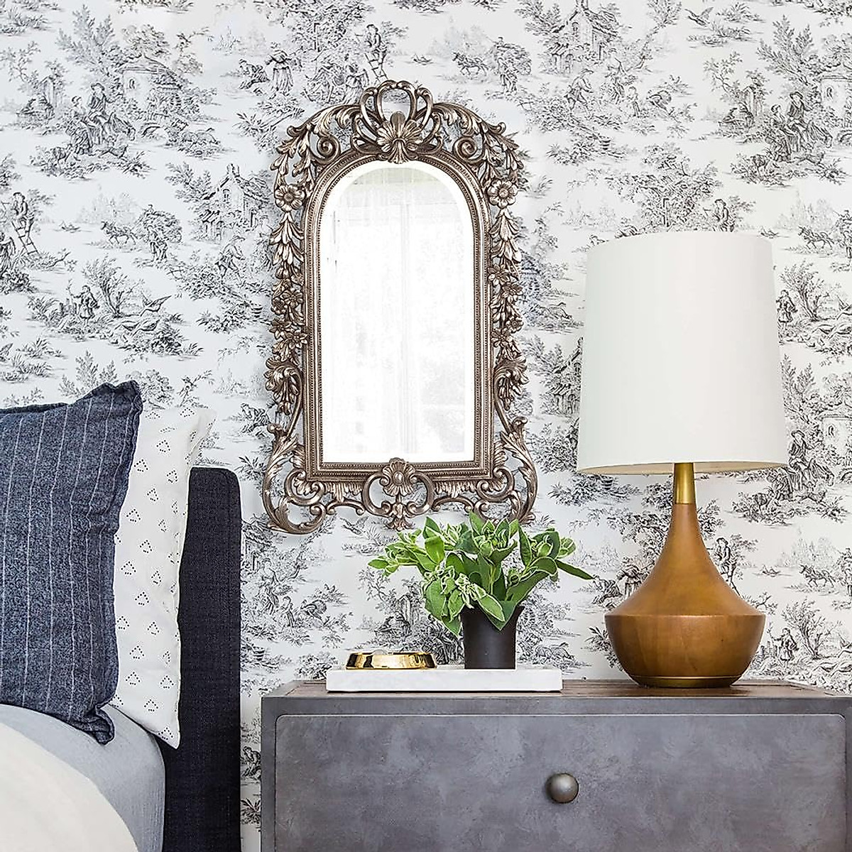 Howard Elliott Sherwood Hanging Antique Accent Wall Mounted Mirror, Ornate Arched Mirror with Bevelled Edges and Silver Resin Frame, Arch Shape Mirror for Home, Living Room, Entryway, 14 x 22 Inch