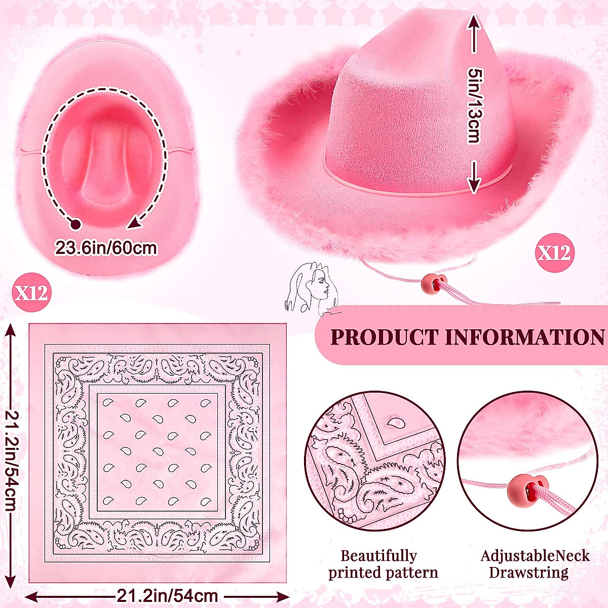 Tarpop 24 Pieces Pink Cowgirl Hat Feather with Paisley Bandanas for Western Cowgirl Party Costume Accessories (Fluffy Style)