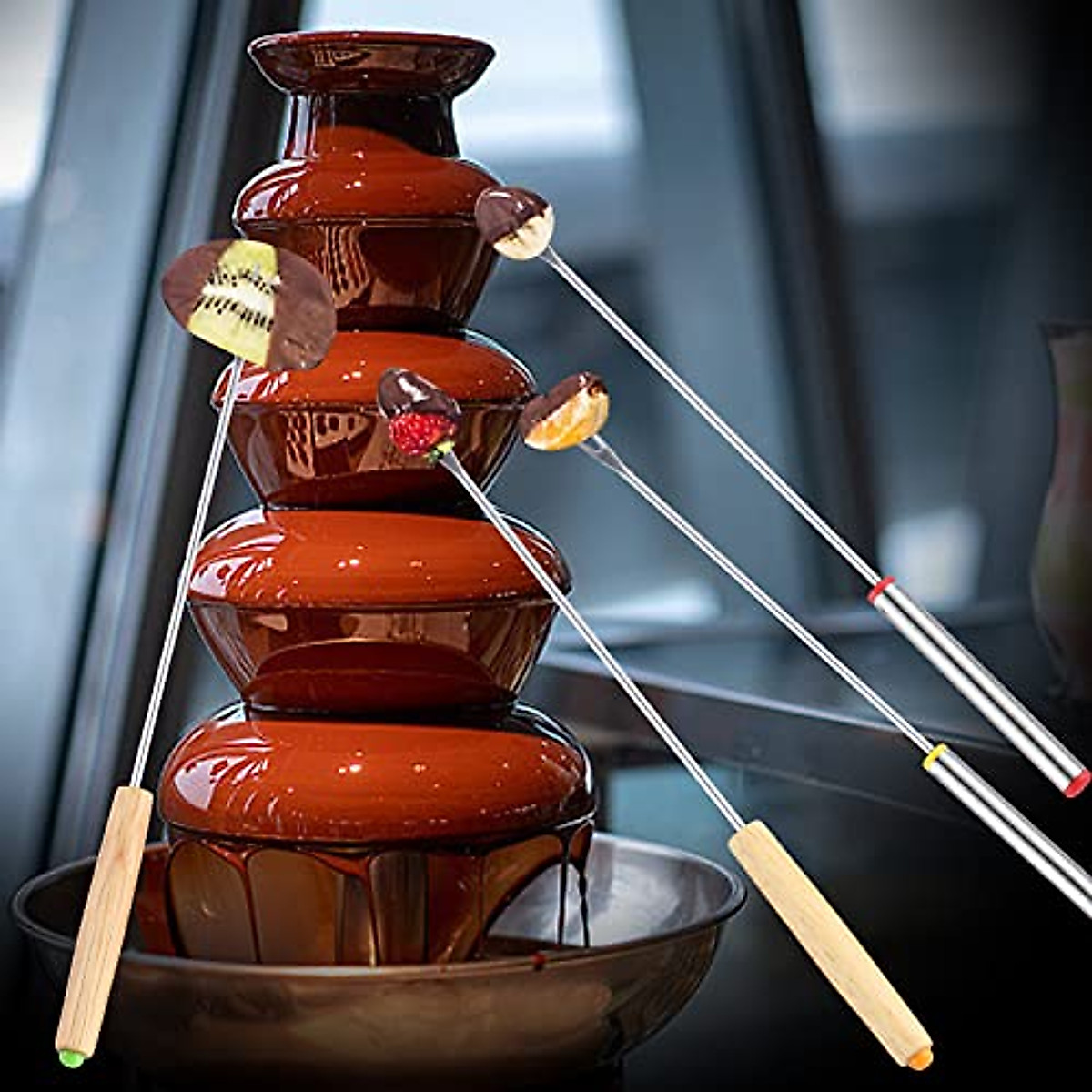 24 Pack 9.6 Inch Stainless Steel Fondue Forks, 12 Wood Handles and 12 Stainless Steel Handles, Heat Resistant Smores Sticks for Roast Meat Chocolate Dessert Cheese Marshmallows (6 Colors)