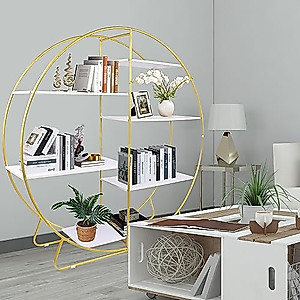 KNIGHTCRAFT White and Gold Bookshelf Circular Office Bookshelves 57" Tall Arched Book Shelves Open Etagere Bookcase Large Round Book Shelf for Living Room Modern Home Furniture