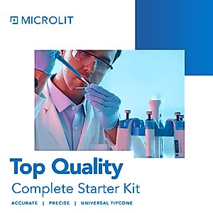 MICROLIT - Complete Starter Kit, Pipettes with 0.5-10ul, 10-100ul, 100-1000ul and 1-10ml Liquid Capacity, 4-Piece Set of Pipettes with a Carousel Stand and Compatible Micropipette Tips