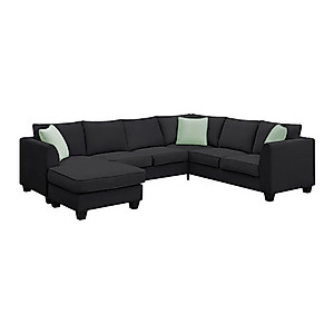 TARTOP 11287" Living Room 7 Seats Modular Sectional Ottoman L Shape Fabric Sofa Corner Couch Set with 3 Pillows, Black