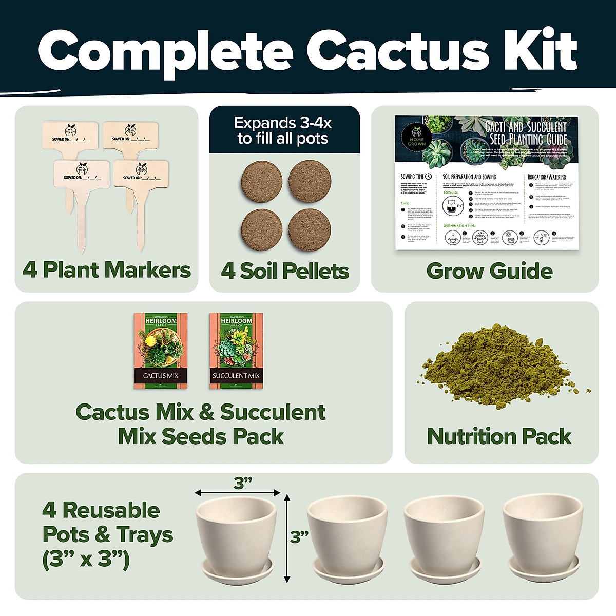 Succulent & Cactus Seed Kit for Planting – [Enthusiasts Favorites] Premium Cactus & Succulent Starter Kit: 4 Planters, Drip Trays, Markers, Seeds Mix, Soil - DIY Gift Kits (Original Edition)