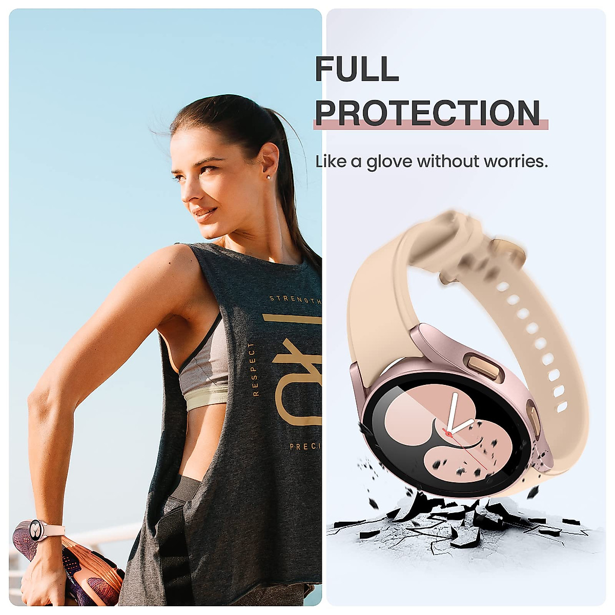 Tensea [2Pack for Samsung Galaxy Watch FE 2024/5 2022/4 2021 Screen Protector Case 40mm Accessories, Protective Face Cover Built-in Tempered Glass Film Bumper Case (40mm, Pink Gold)