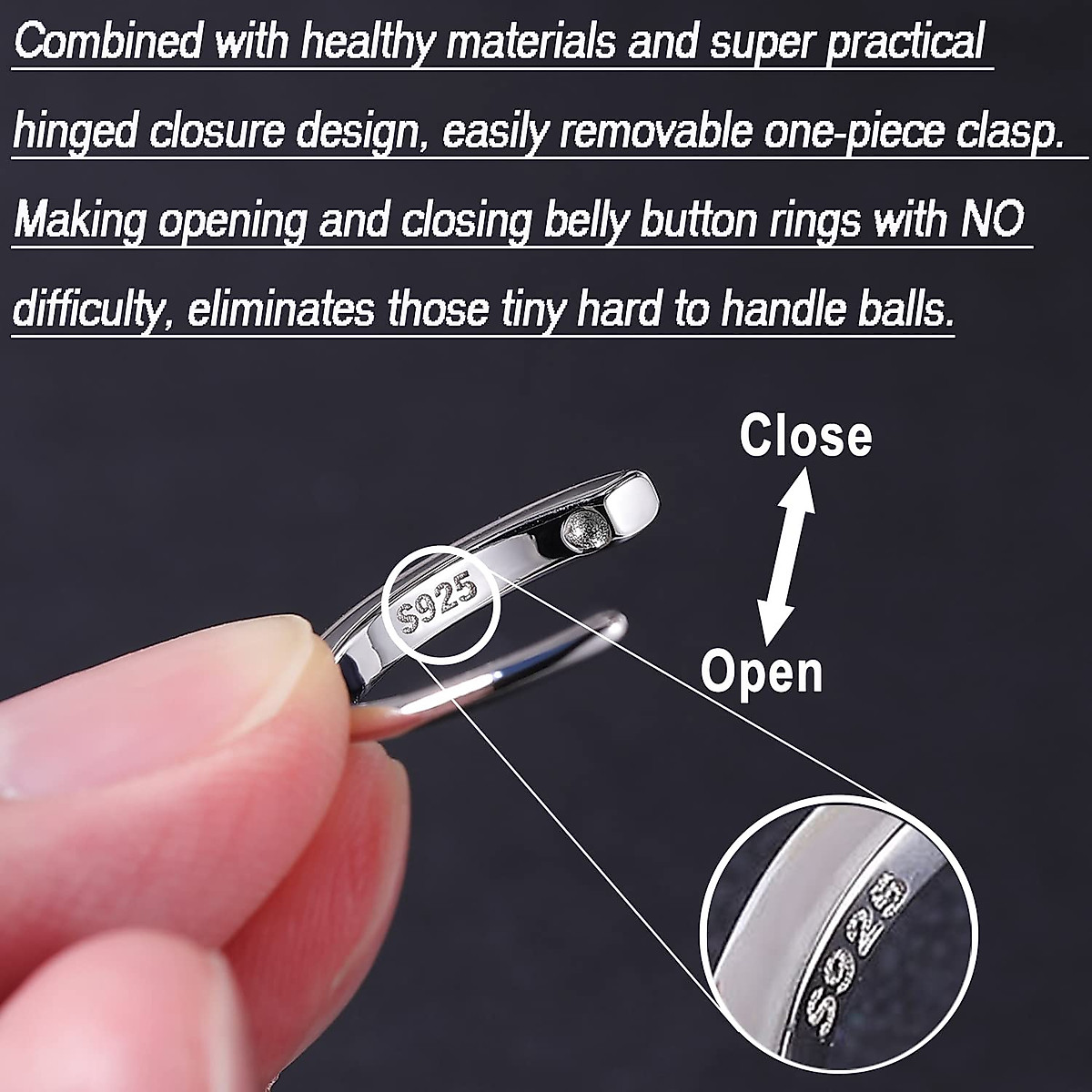 ZS 14G Clicker Belly Button Rings for Women, 925 Sterling Silver Piercing Simulated Diamonds Rivet Reverse Curved Navel Barbell Body Jewelry (10mm)