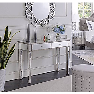Convenience Concepts Gold Coast Mirrored Desk 42" - Console Table with 2 Drawers for Storage in Living Room, Office, Weathered White/Mirror