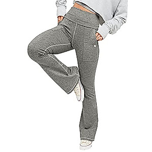 Aurgelmir Womens Flare Yoga Pants High Waisted Foldover Workout Leggings with Pockets Tummy Control Bell Bottom Pants Grey