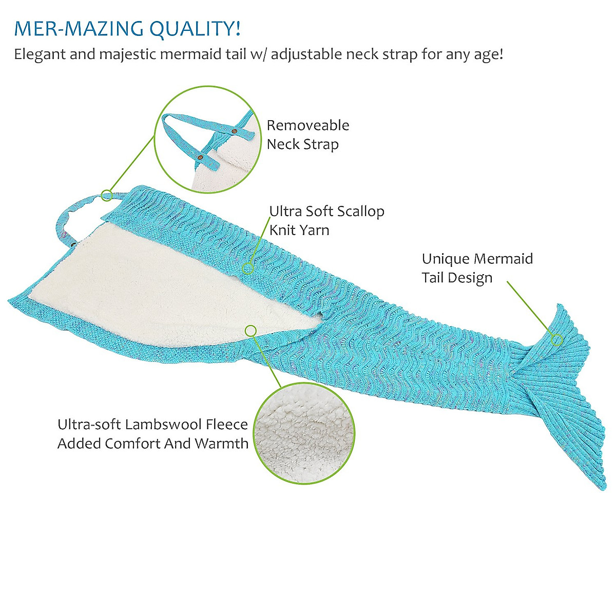 Mermaid Tail Sherpa Blanket, Super Soft Warm Comfy Sherpa-Lined Knit Mermaids with Non-slip Neck Strap, for Girls Women Adults Teens Birthday Blue