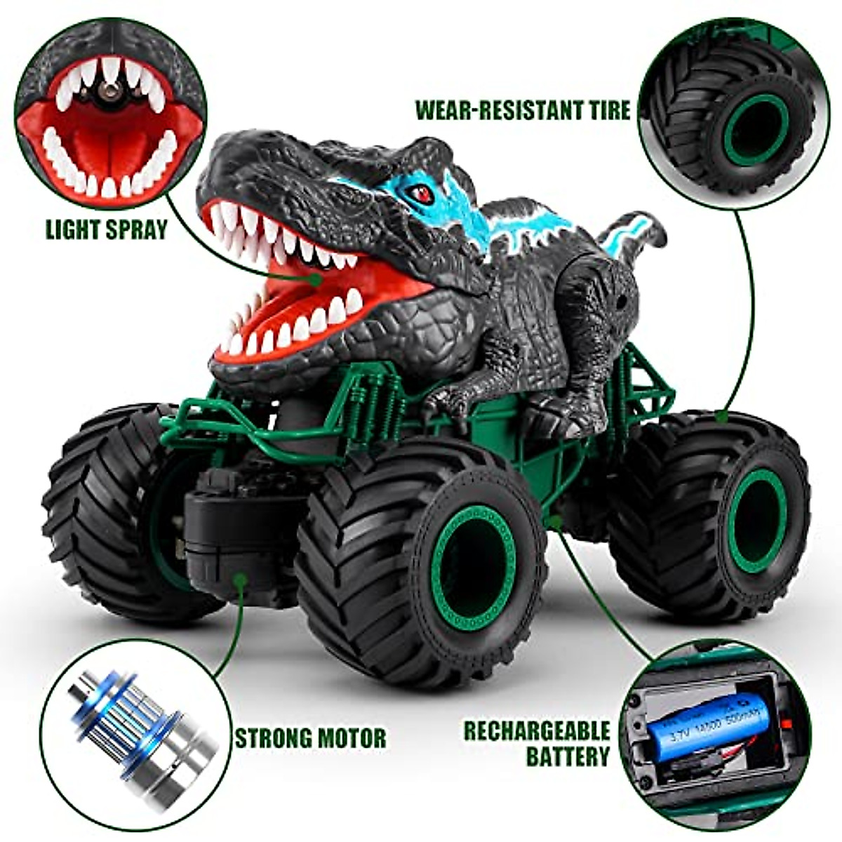 Intano Remote Control Dinosaur car Toy, 2.4G Dinosaur Monster Trucks for Boys 3,4,5,6,7,8 Year Old,Dinosaur Toys for Kids 5-7 with Light Sound Mist Spray.Birthday Gift for Kids Boys Girls