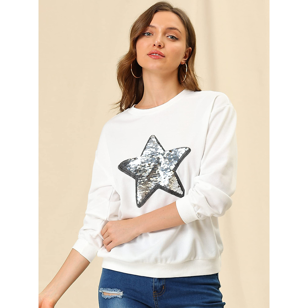 Allegra K Women's Sequin Shiny Star Crew Neck Long Sleeve Sweatshirt Top White Medium