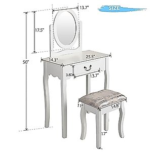 RIDFY Modern Vanity Desk with Cushioned Stool,Vanity Table Set with Large Drawers,Makeup Dressing Table with 360° Rotating Mirror for Women,Small Space Office, Writing, Reading,White