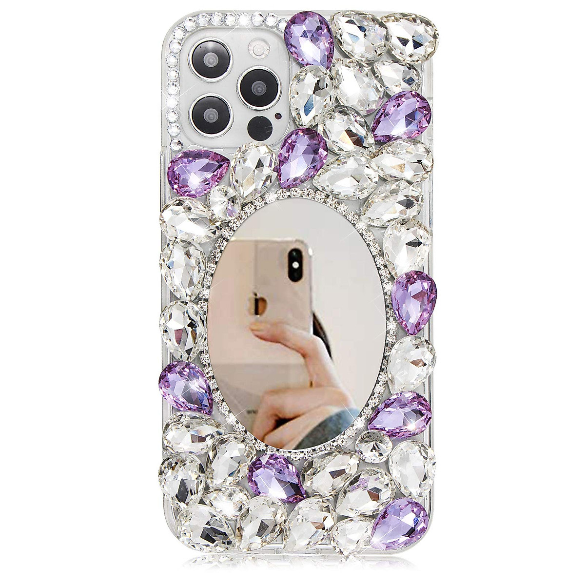 Crystal Mirror Case for iPhone 13 Pro,Luxury Sparkle Bling 3D Diamond Rhinestone Phone Case Women Girls Makeup MOIKY Clear Slim Shockproof TPU Bumper Protective Cover for iPhone 13 Pro(White+Purple)