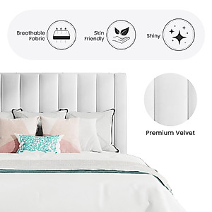 SHA CERLIN Queen Bed Frame/Velvet Upholstered Platform Bed Frame with Headboard/Strong Wood Slats Support/Mattress Foundation/No Box Spring Needed/Easy Assembly/White