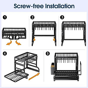 Ourackey Dish Drying Rack, Two Tier Dish Drying Rack for Kitchen Counter Large Dish Rack Kitchen with Drainboard Set for Sink, Dish Drainer with Utensil Holder, Cups Holder, Black