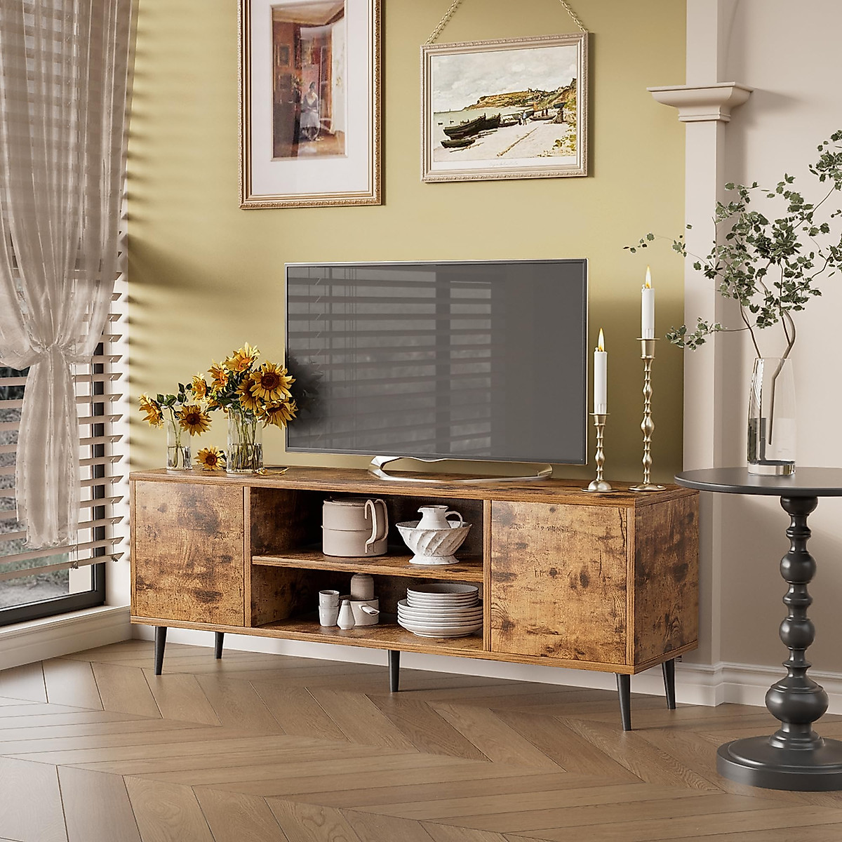 JUMMICO TV Stand for 65 Inch TV, Modern Entertainment Center with Storage Cabinet and Open Shelves, TV Console Table Media Cabinet for Living Room, Bedroom and Office (Rustic Brown)