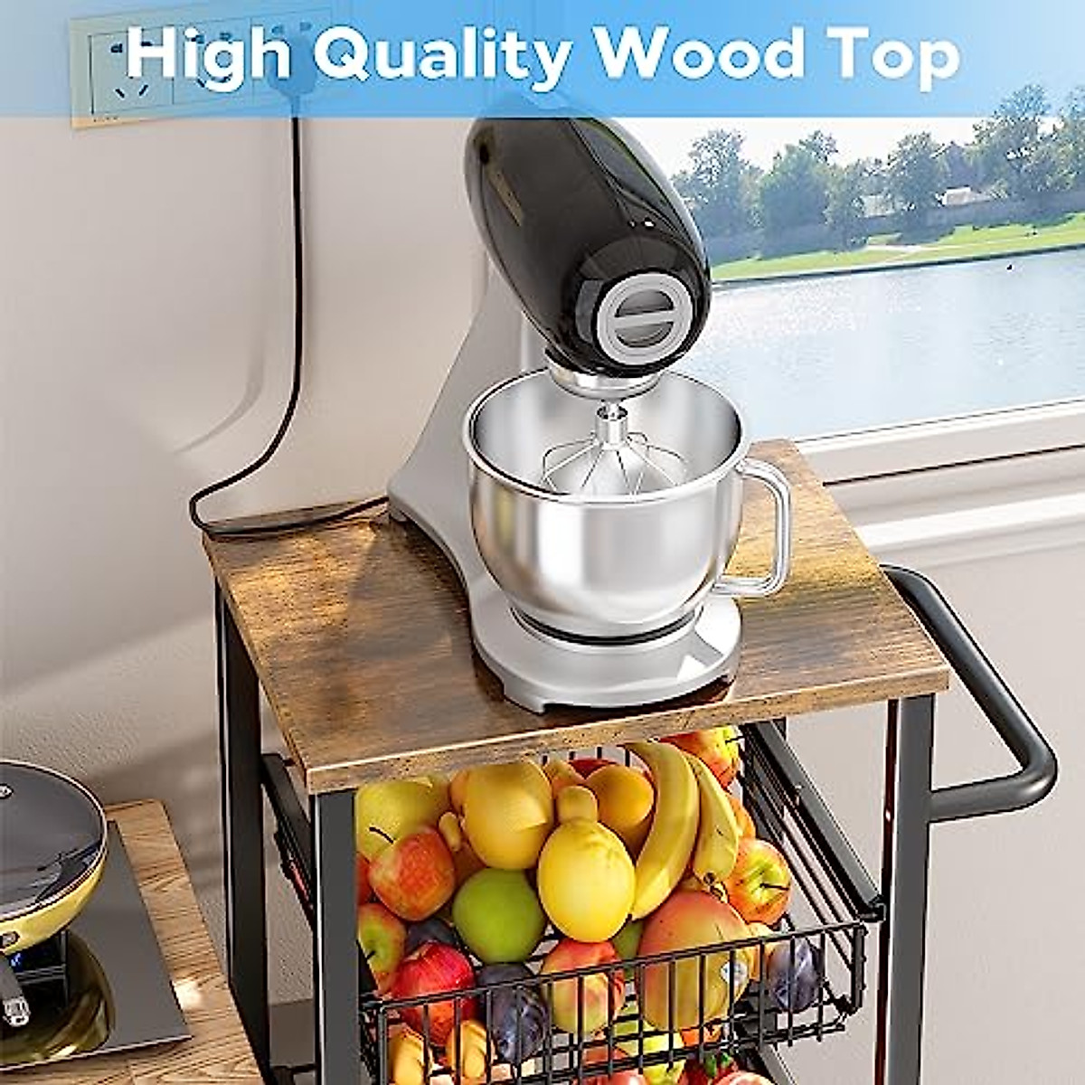 Fruit Basket Bowl - with Wood Top and Drawer, Kitchen Fruit Bowls Island on Wheels for Storage Fruit Vegetabe Onions and Potatoes, Black