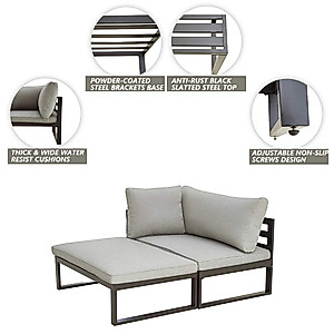 Festival Depot 2 Pieces Patio Furniture Outdoor Conversation Set Metal Corner Sectional Sofa Couch Patio Armrest Chair Cushioned Lounger with Ottomans