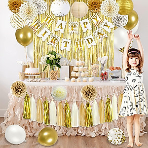 Gold Birthday Decorations Happy Birthday Party Decorations Set with Gold Birthday Banner, Gold White Yellow Balloons Paper Pom Poms, Gold Tassel Garland for Women Grils Kids Birthday Party Supplies