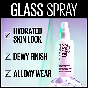 Maybelline New York Facestudio GlassSkin Makeup Finishing Hydrating Dewy Glossy Finish All Day Wear Use After Makeup Application or On Its Own, Glass Skin Spray, 3.4 Fl Oz