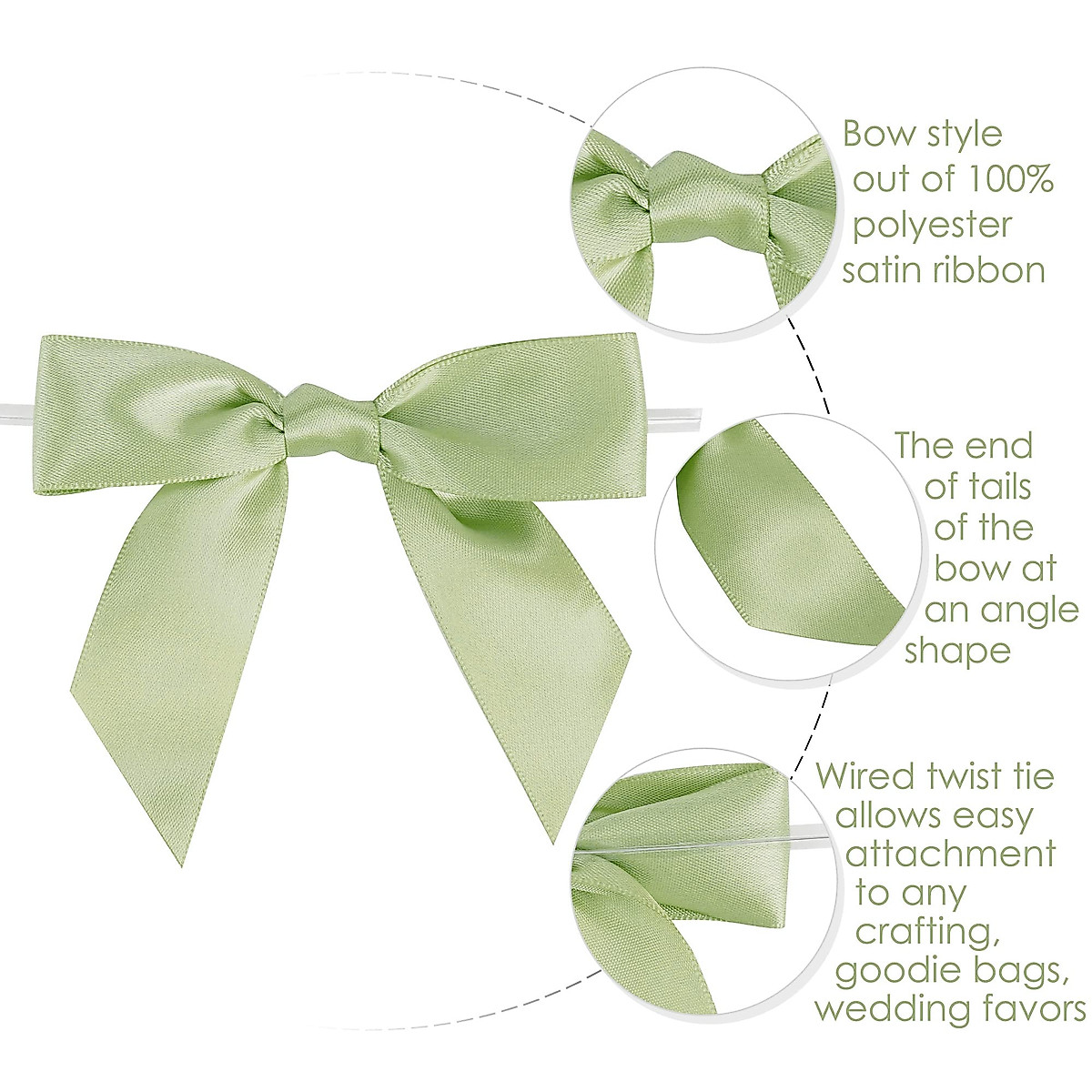 AIMUDI Sage Green Satin Ribbon Twist Tie Bows 3.5" Pretied Bows Premade Bows for Treat Bags Crafts Gift Wrapping Basket Wedding Favors Cookie Candy Bagging Cake Pop Bridal Shower - 50 Counts