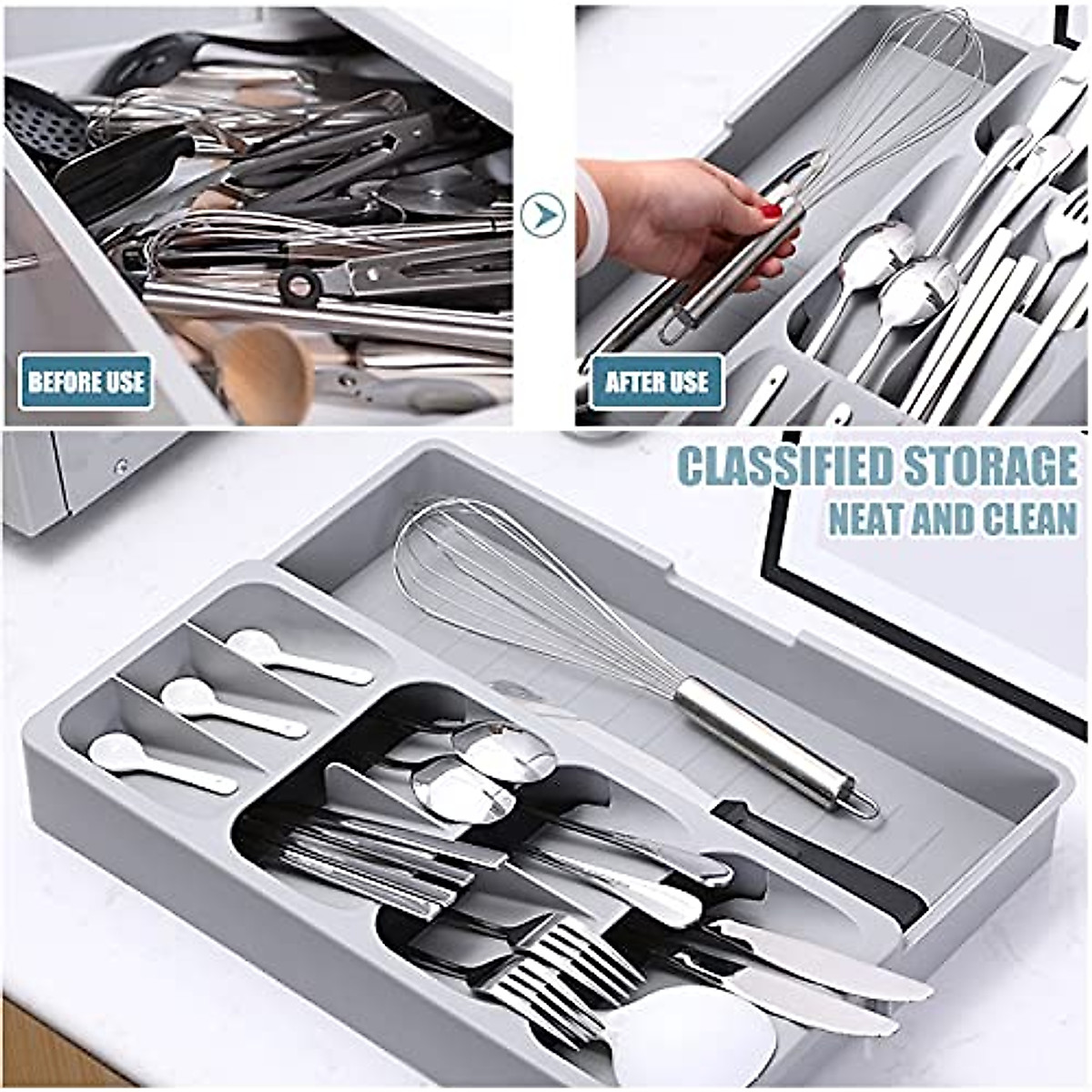 ORIJOYNA Kitchen Flatware Organizers - Drawer Organizer Tray Box Cutlery Expandable Organizer - for Kitchen Drawer Holding Flatware Spoons, Forks, Spatula (Grey)
