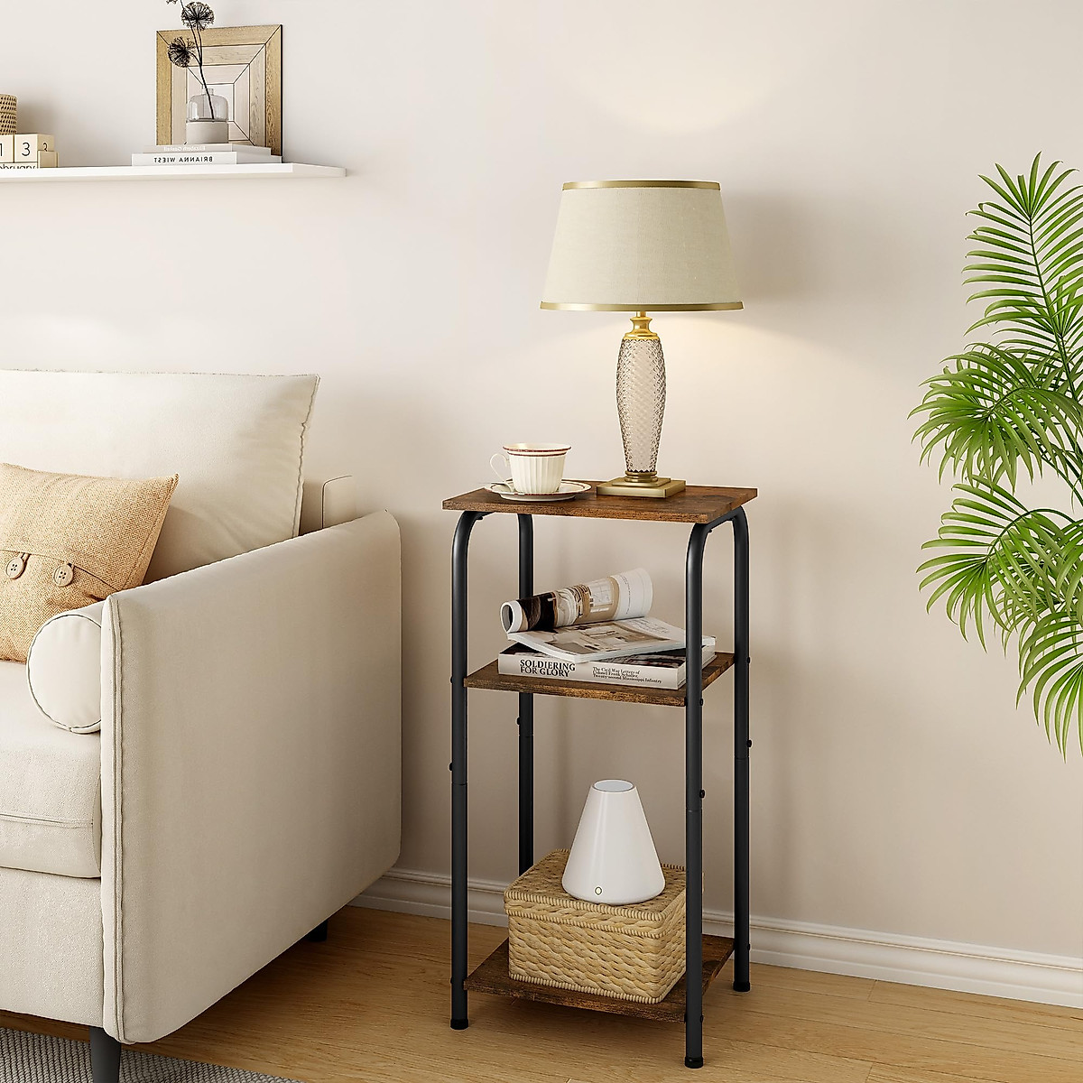 Tajsoon Tall End Table 3 Tier 30 Inch Narrow Side Table with Storage Shelves, Small Table Stand for Small Spaces with Metal Frame, Small Sofa Table for Living Room, Bedroom, Office, Rustic Brown